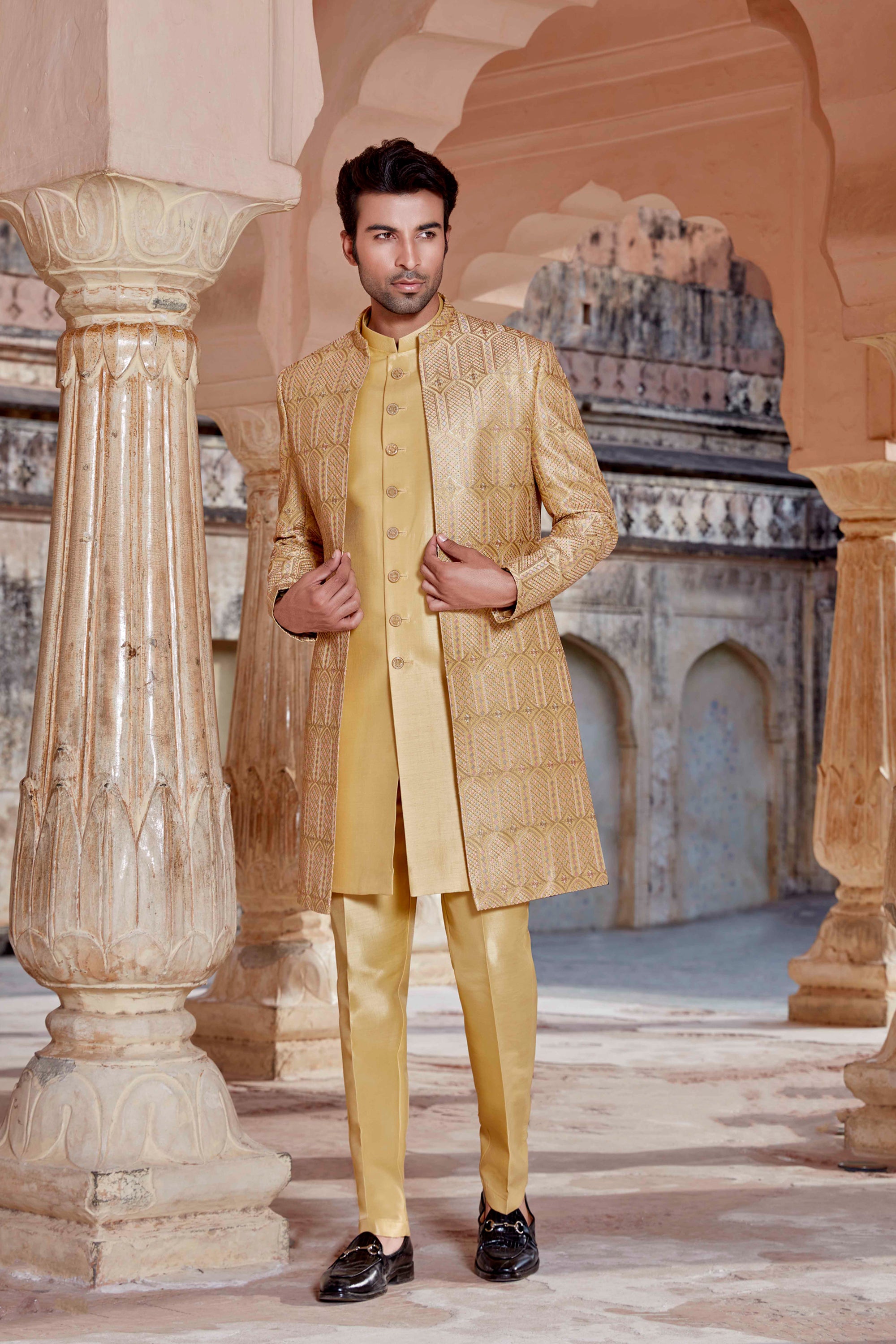 GOLDEN YELLOW OPEN INDO-WESTERN SET