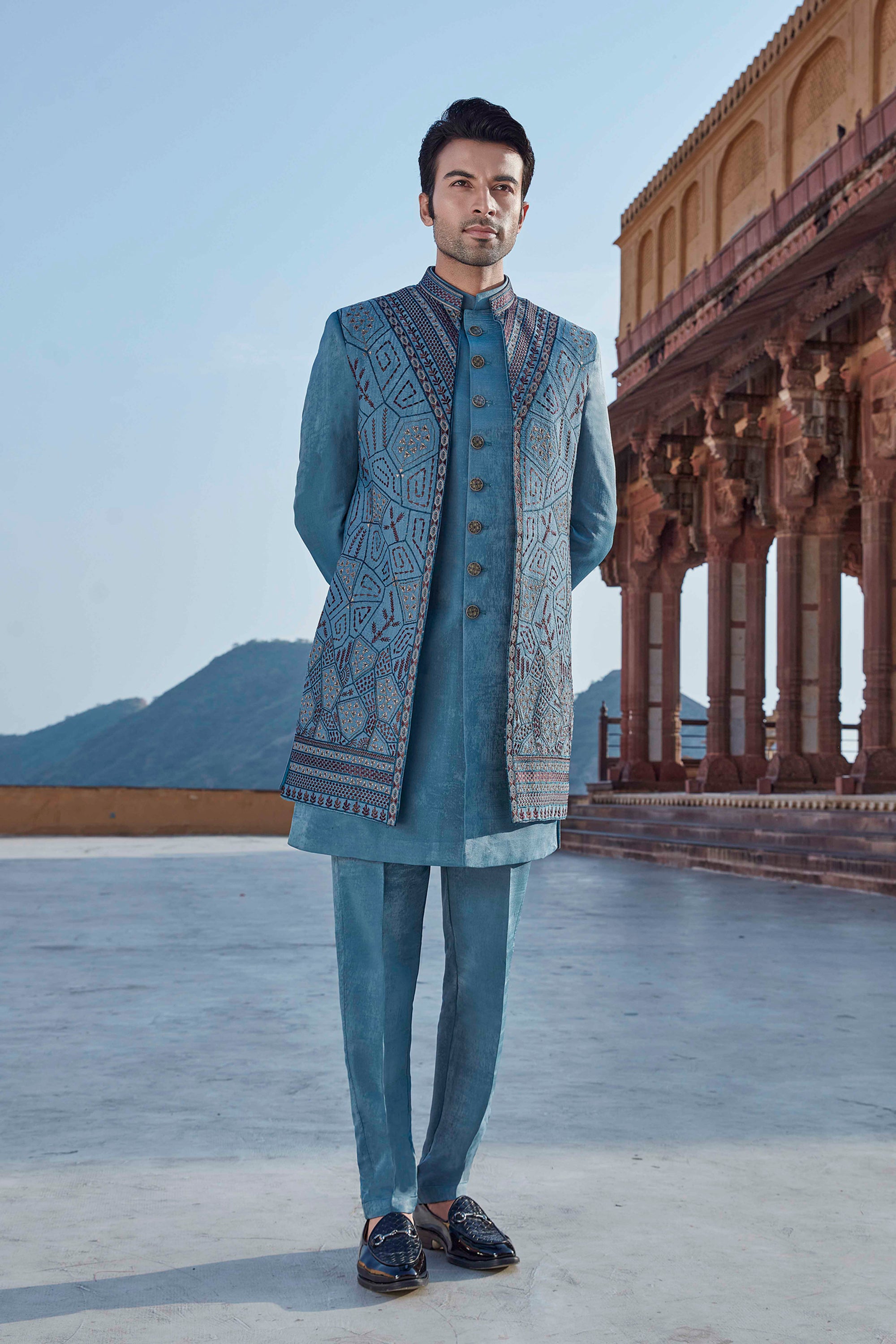 TEAL BLUE OPEN INDO-WESTERN SET