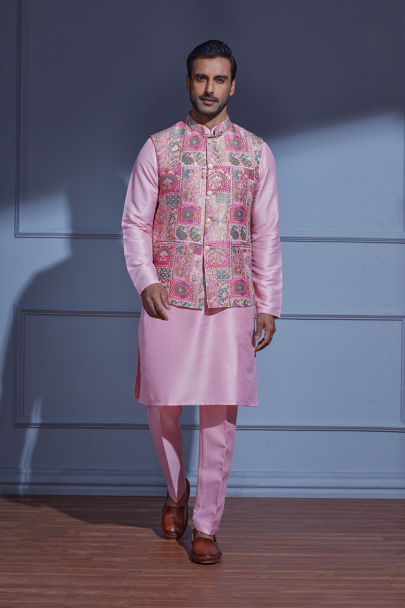 POWDER PINK JACQUARD JACKET KURTA SET