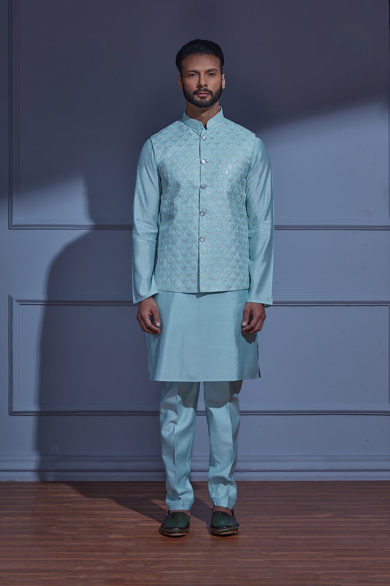 DUSTY SKY BLUE JACKET KURTA SET