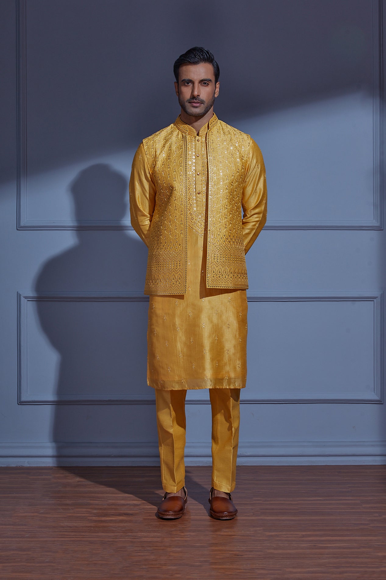 GOLDEN YELLOW JACKET KURTA SET