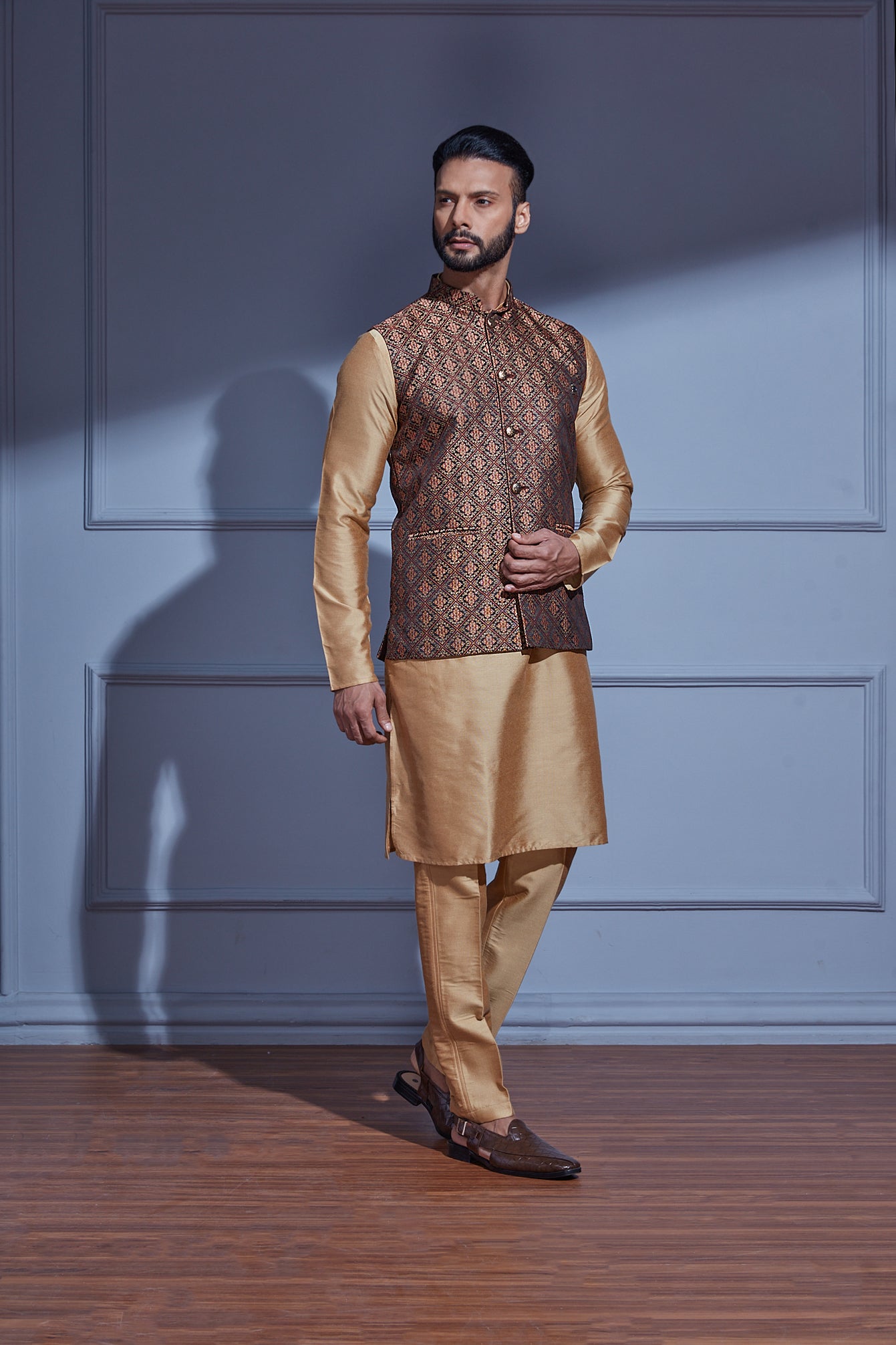 BROWNISH MAROON JACKET WITH SOLID GOLD KURTA SET