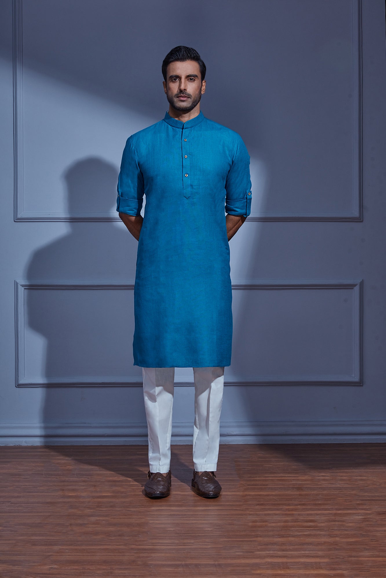 LIGHT MARINE TEAL LINEN KURTA SET WITH PRINTS