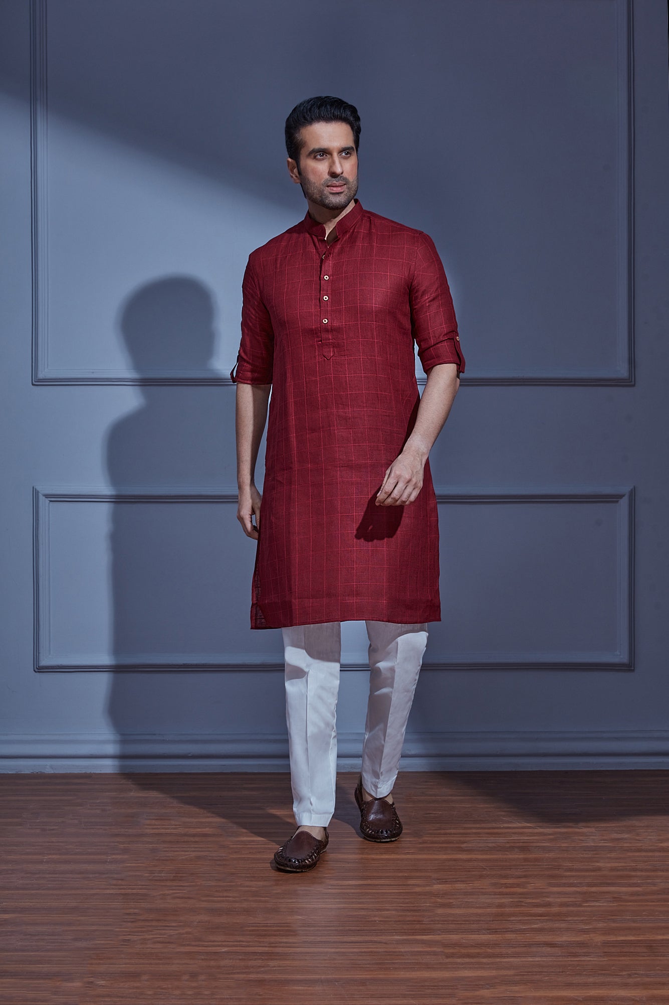 DEEP MAROON COLOUR LINEN KURTA SET WITH CHECKS